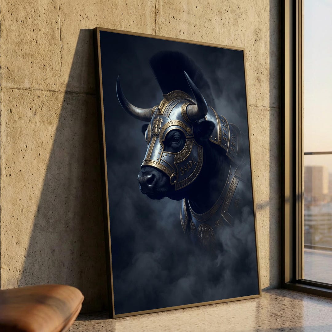 Armored Bull Canvas Art, Mythical Warrior Portrait, Dark Moody Decor - Etsy