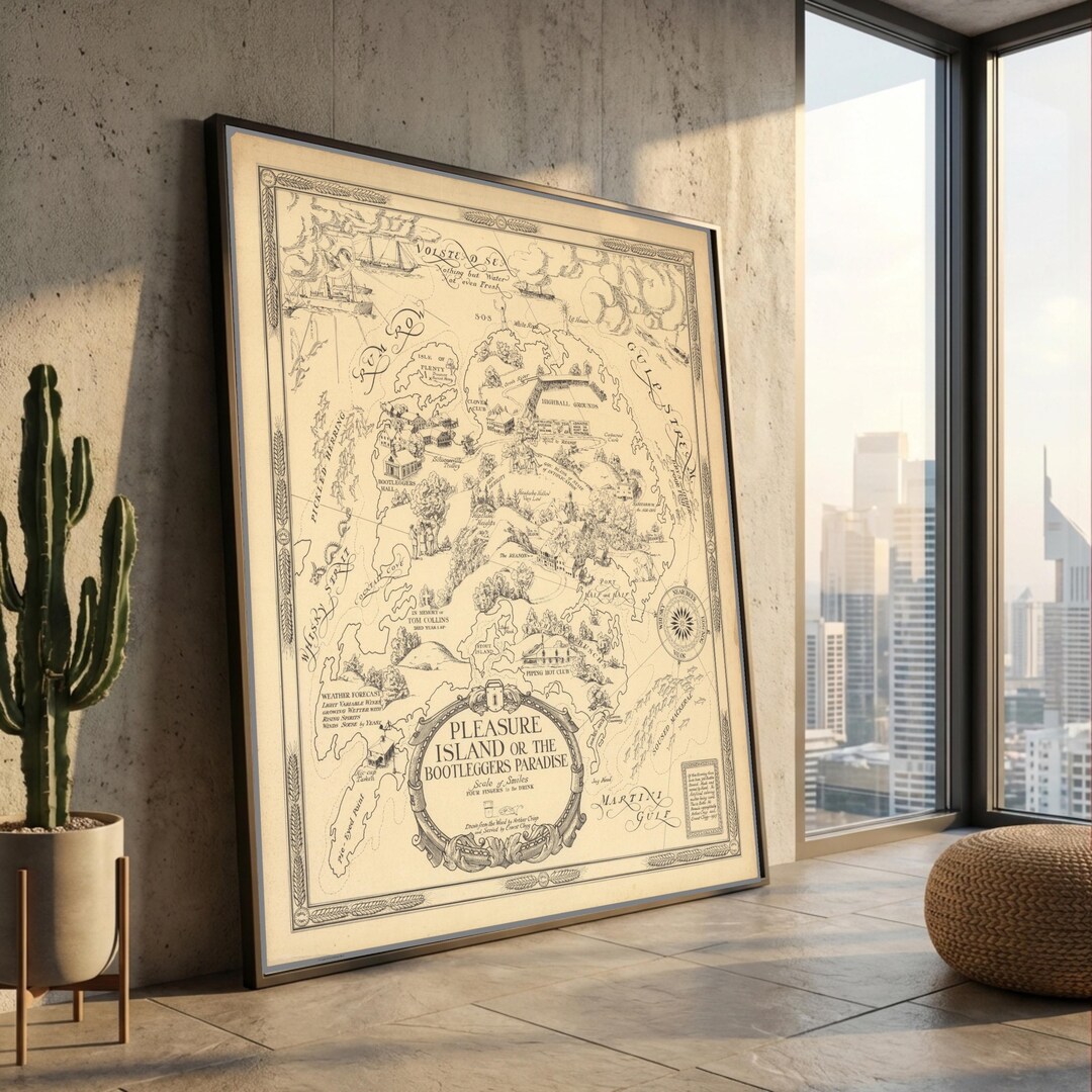 Vintage Pleasure Island Map Canvas, Bootleggers Paradise Wall Art ...