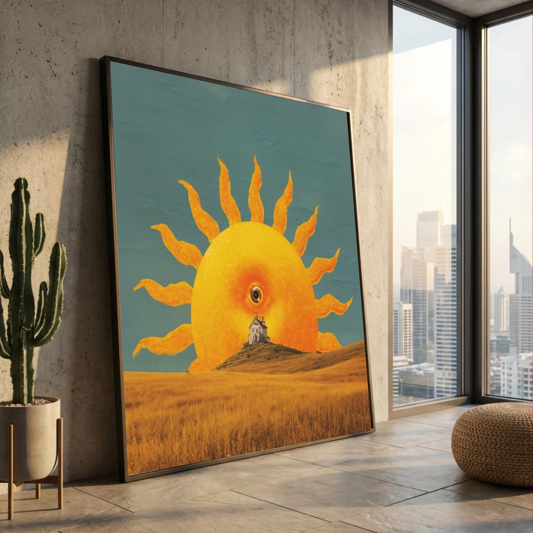 Surreal Eye Sun Rising Over Hill Canvas, Unique House Landscape Wall ...