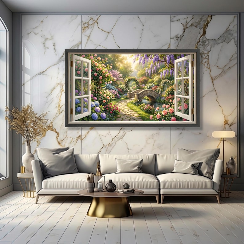 Open Window View, Romantic Garden Path Canvas, Floral Bridge Wall Art ...