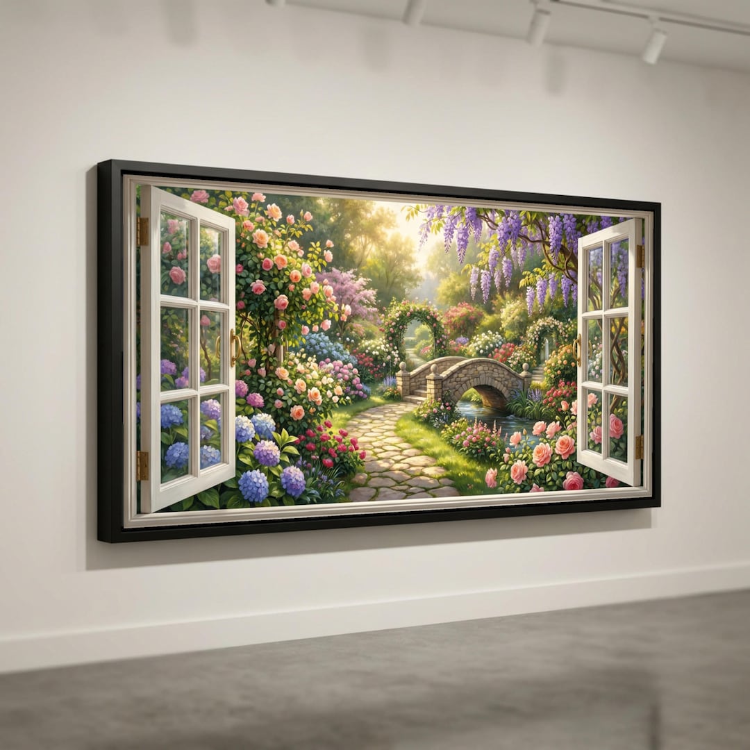 Open Window View, Romantic Garden Path Canvas, Floral Bridge Wall Art ...