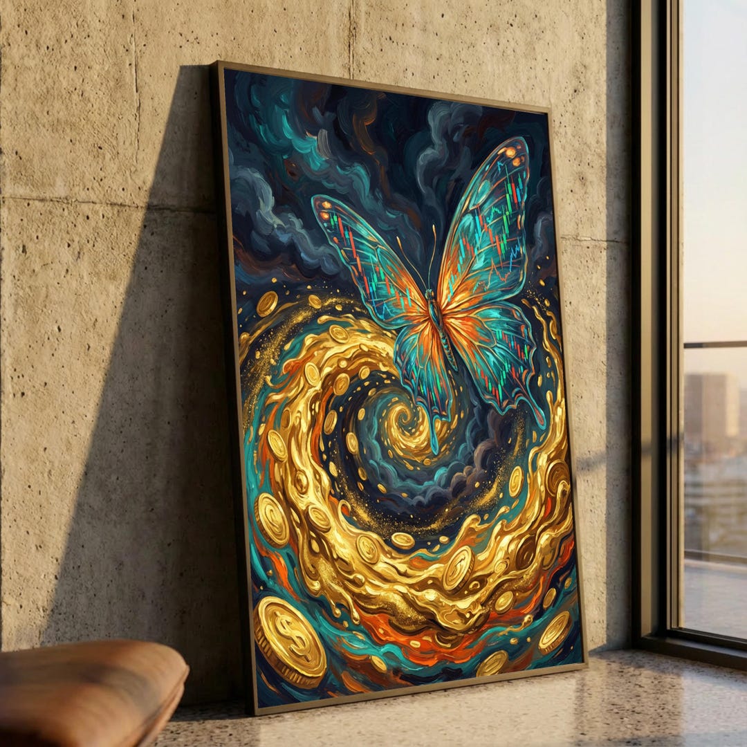 Vibrant Butterfly With Financial Chart Wings, Golden Coin Swirl Canvas ...