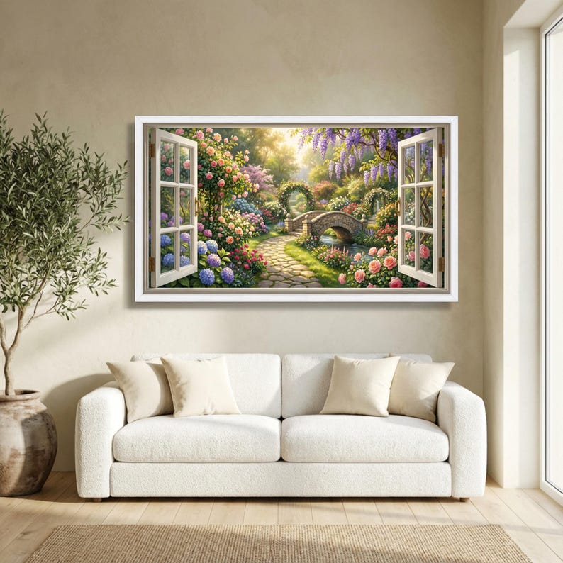 Open Window View, Romantic Garden Path Canvas, Floral Bridge Wall Art ...