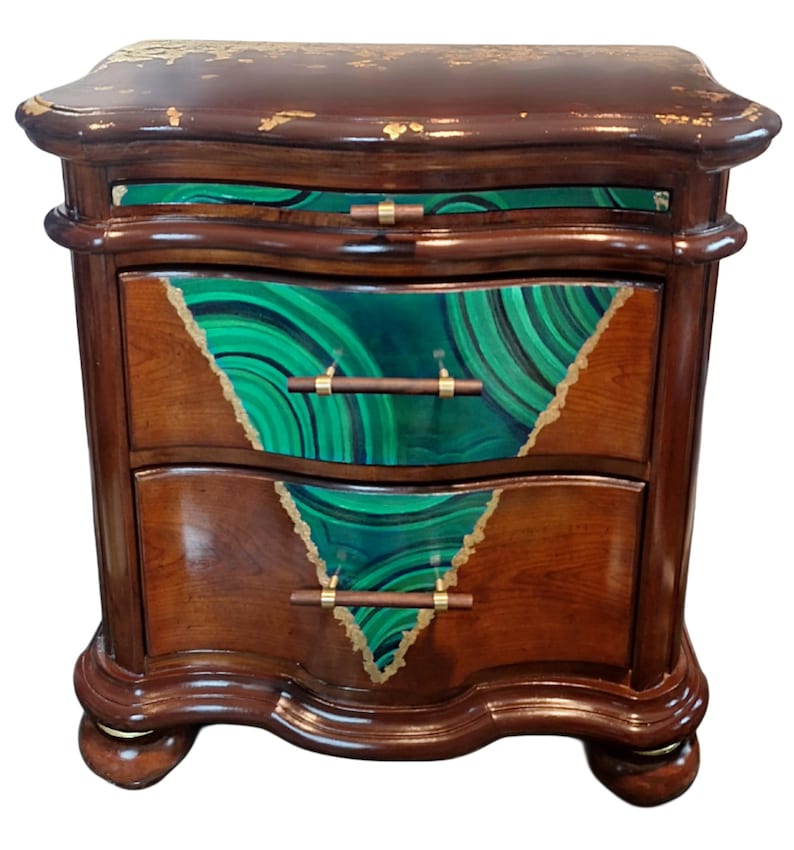 Upcycled Art Deco Nightstand | Malachite Inspired Green Inlay Wood ...