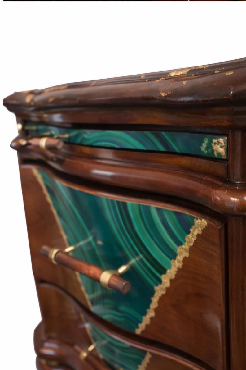 Upcycled Art Deco Nightstand | Malachite Inspired Green Inlay Wood ...