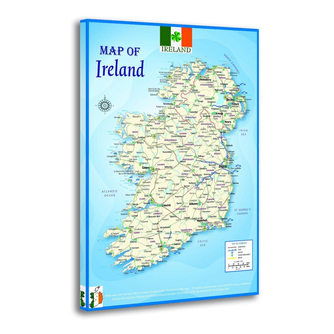 IRELAND Map A2 Laminated Geographical Physical Political Atlas Canvas ...