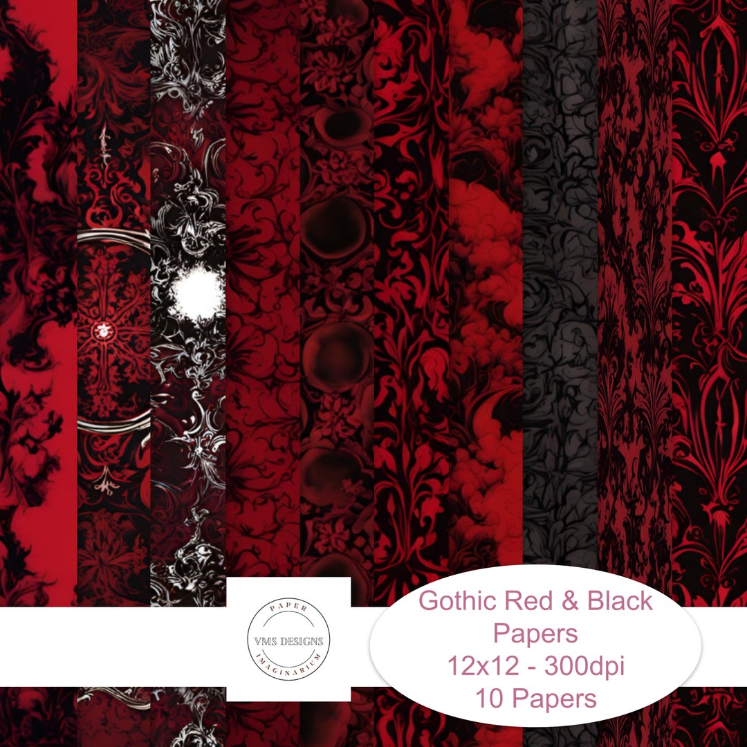Gothic Black & Red Digital Paper Pack- 12X12, 300 DPI, PNG With Ornate ...