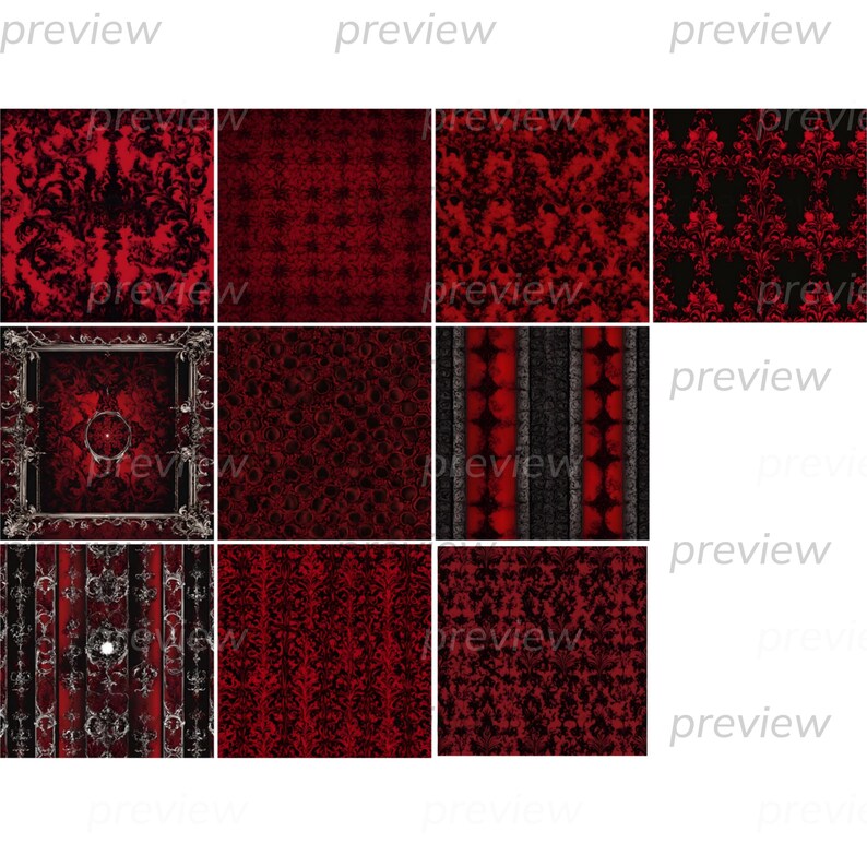 Gothic Black & Red Digital Paper Pack- 12X12, 300 DPI, PNG With Ornate ...