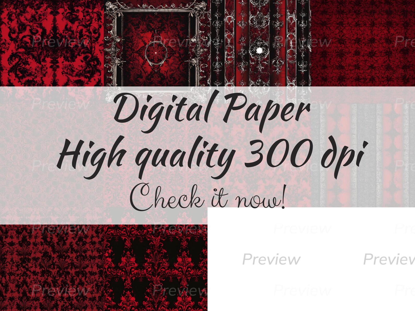 Gothic Black & Red Digital Paper Pack- 12X12, 300 DPI, PNG With Ornate ...