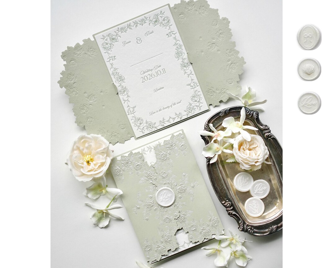 Custom Luxe Floral Letterpress Wedding Invitation Card Set - Clay Green ...