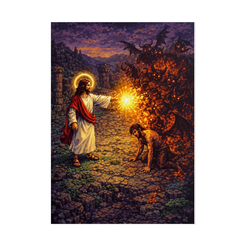 Jesus Casting Out Legion Rolled Poster | Christian Art, Biblical Scene ...