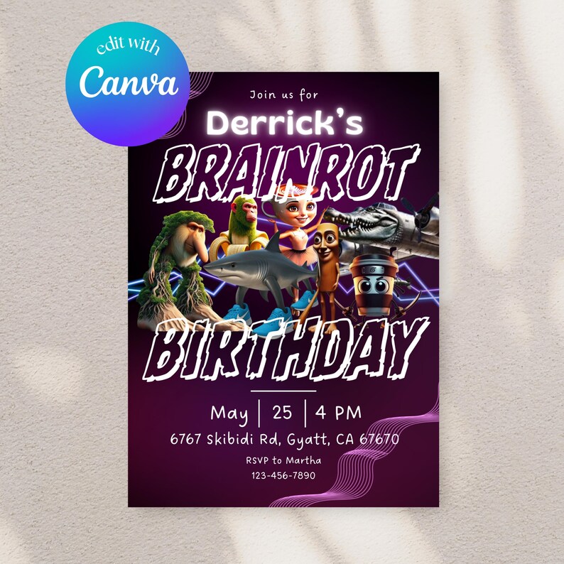 Brainrot Themed Kids Birthday Party Invitation | Editable Canva ...