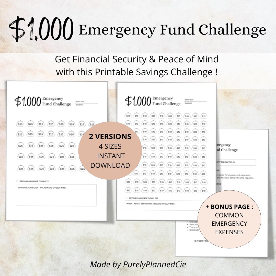 Emergency Fund Challenge Printable, 1000 Dollars Savings Tracker, 2 ...