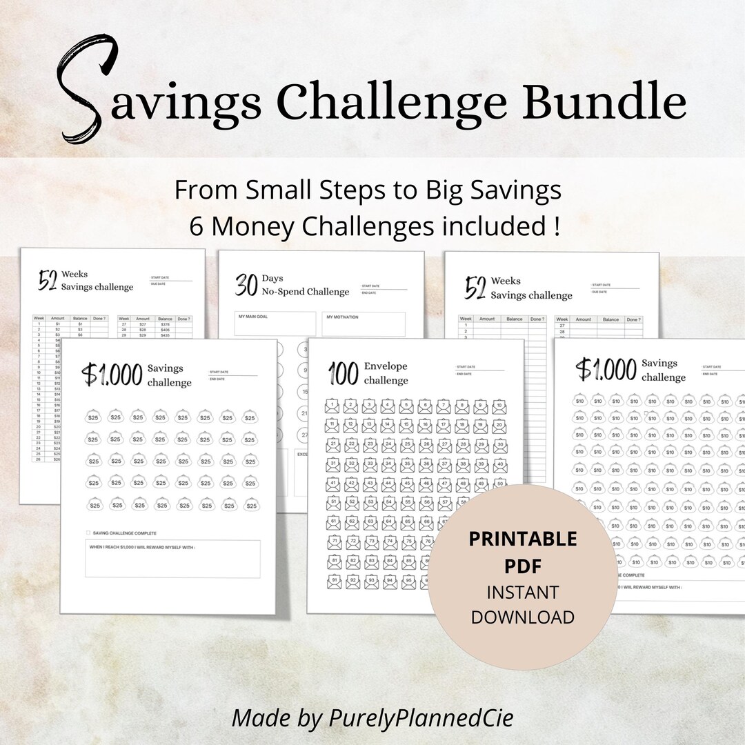 Savings Challenge Bundle Printable, 6 Money Saving Challenge (52 Week ...