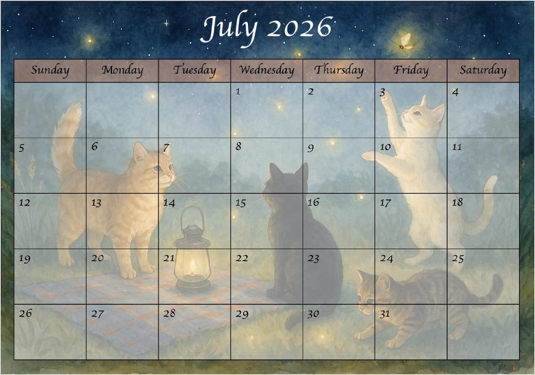 July 2026 | Cute Cat Calendar Printable | Monthly Planner Page ...