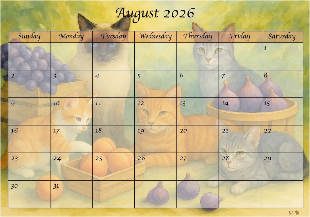August 2026 | Cute Cat Calendar Printable | Monthly Planner Page ...