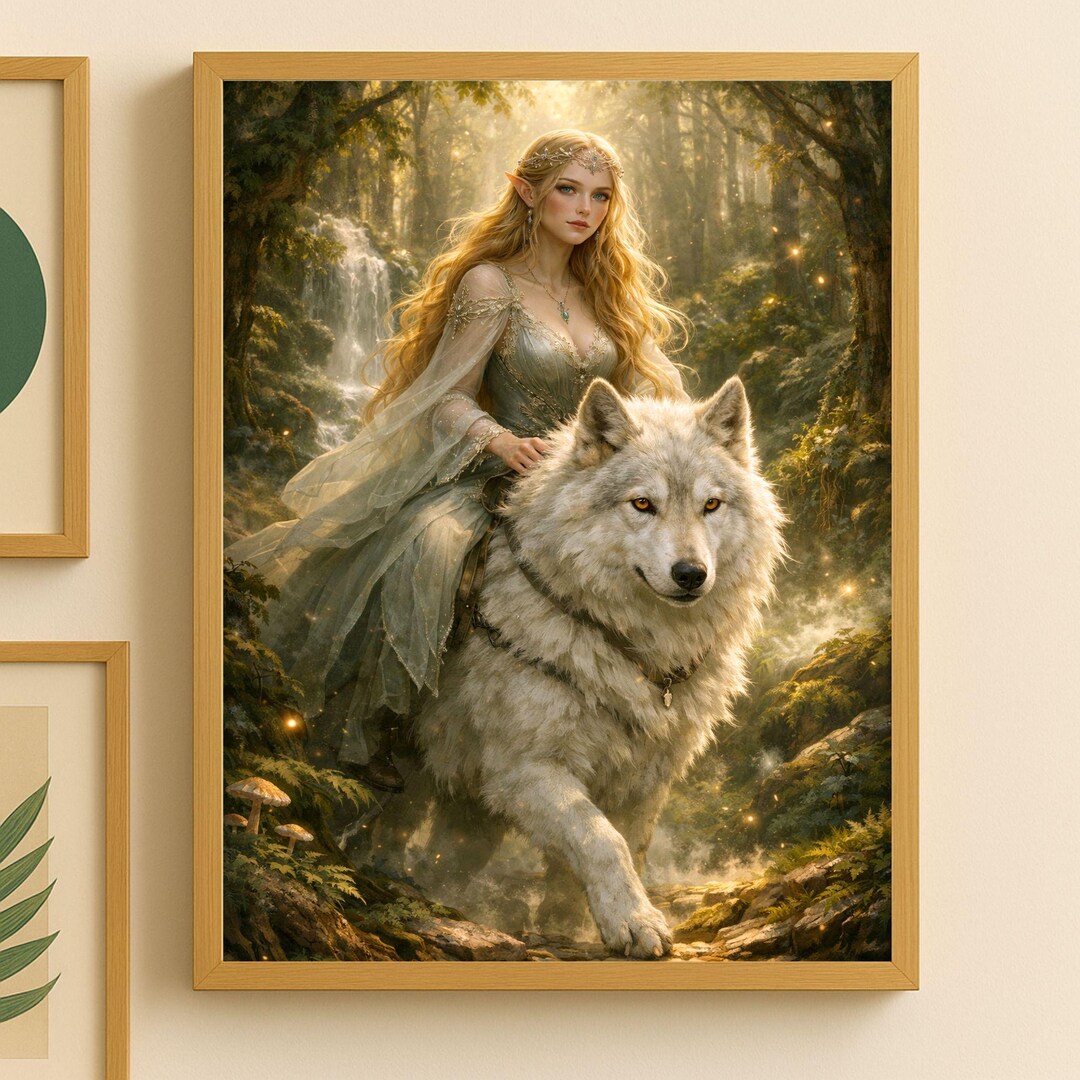 Elven Riding Wolf Fantasy Magical Poster Forest Wall Art Printable ...