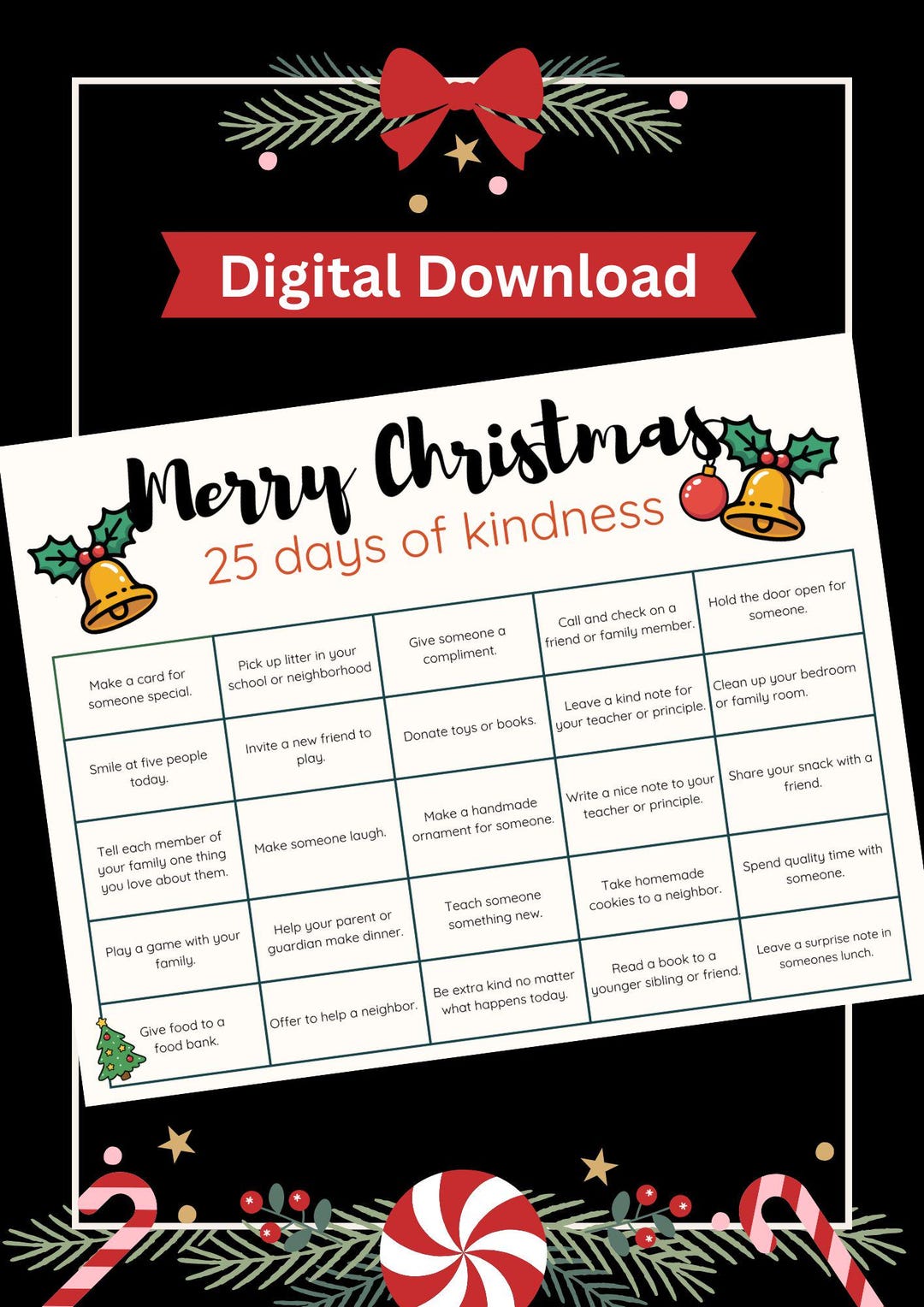 Christmas Kindness Advent Calendar Printable | 25 Acts of Kindness ...
