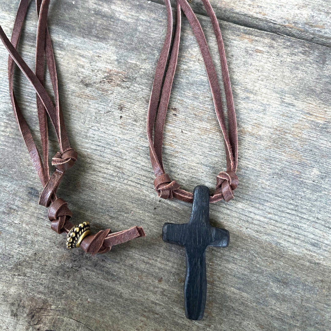 Hand-carved Ebony Cross Necklace, Deerskin Leather Cord - Etsy