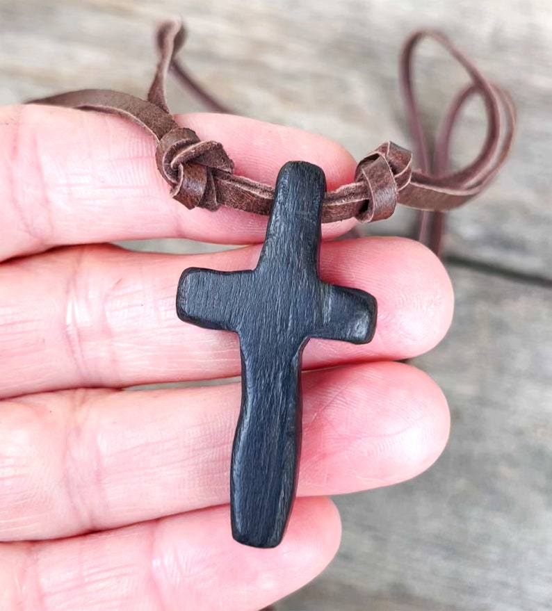 Hand-carved Ebony Cross Necklace, Deerskin Leather Cord - Etsy