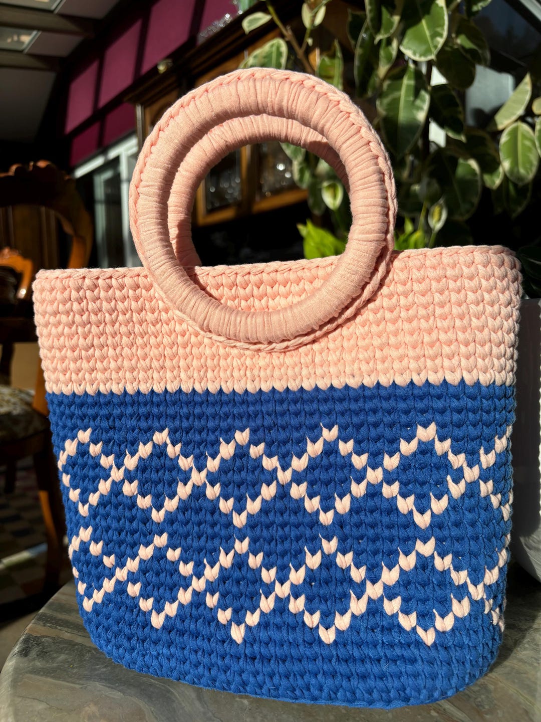 UNIQUEBAG Blue and Pink Crochet Handbag, Decorative Diamonds, Wooden ...