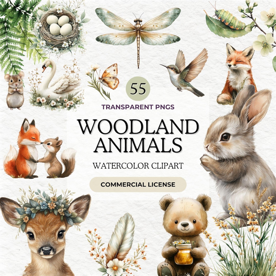 55 Woodland Animals Clipart PNG, Watercolor Forest Creatures ...