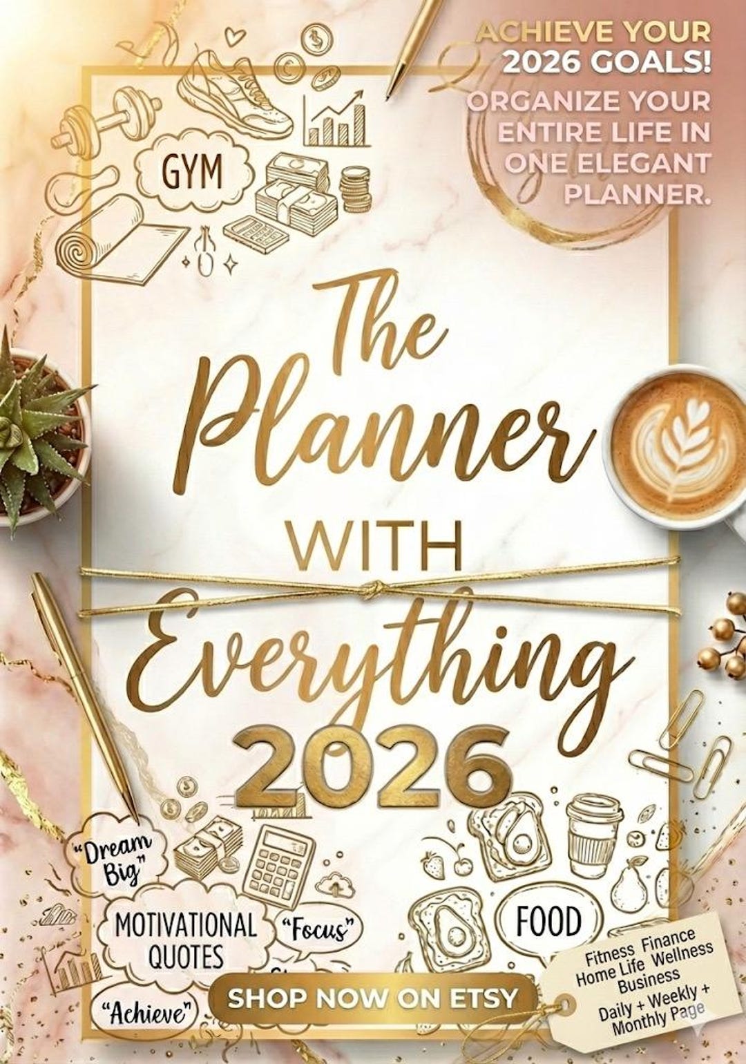 2026 Printable Planner • Pink Marble & Gold, 100+ Pages (PDF) - Etsy