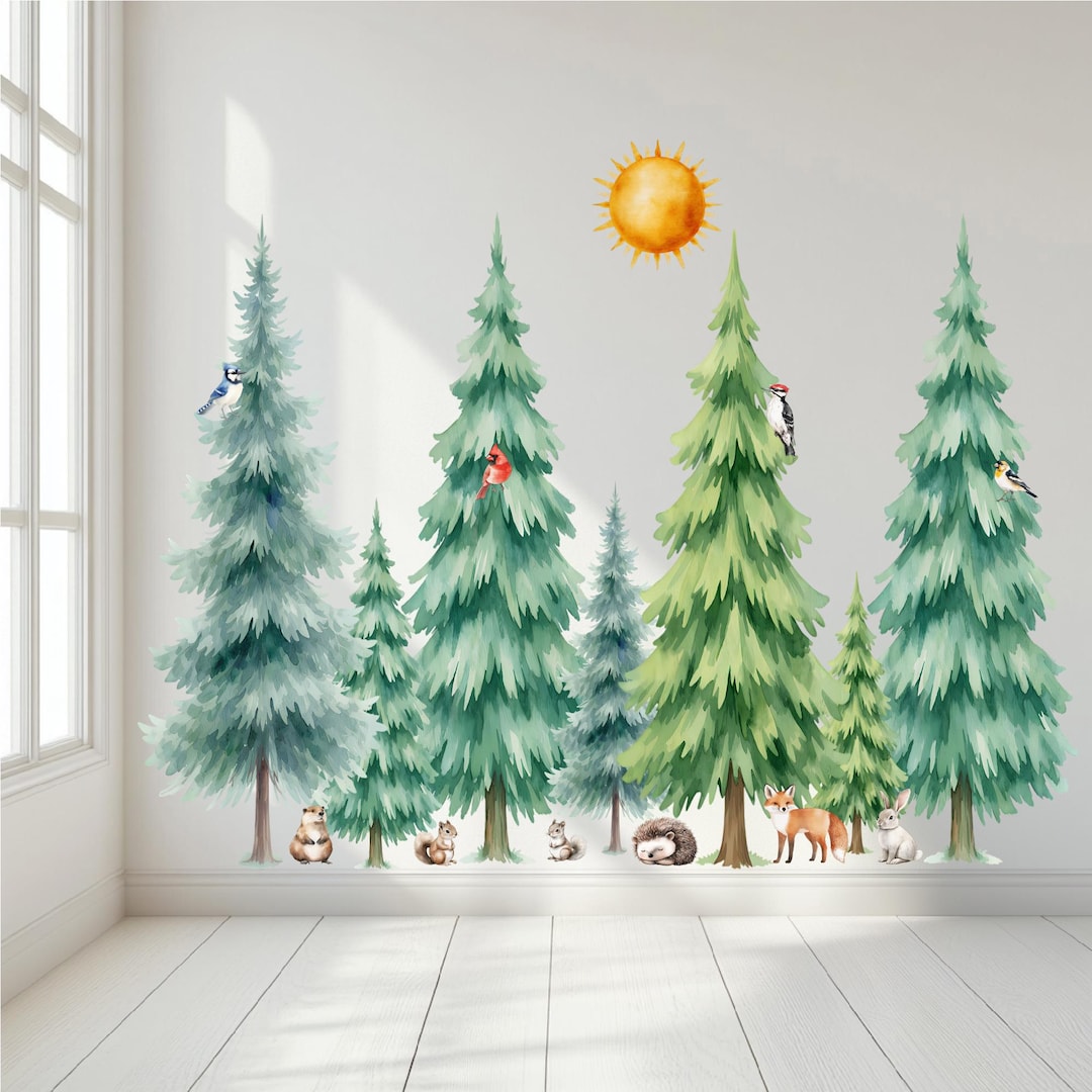 Watercolor Pine Tree Wall Decal, Woodland Nursery Mural - Etsy