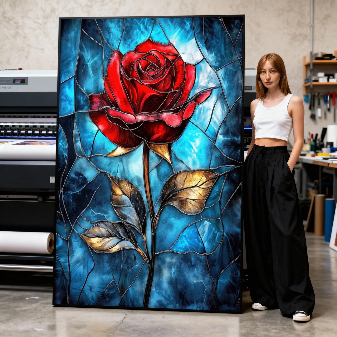 Vibrant Red Rose Canvas Wall Art, Stained Glass Flower Design, Floral ...