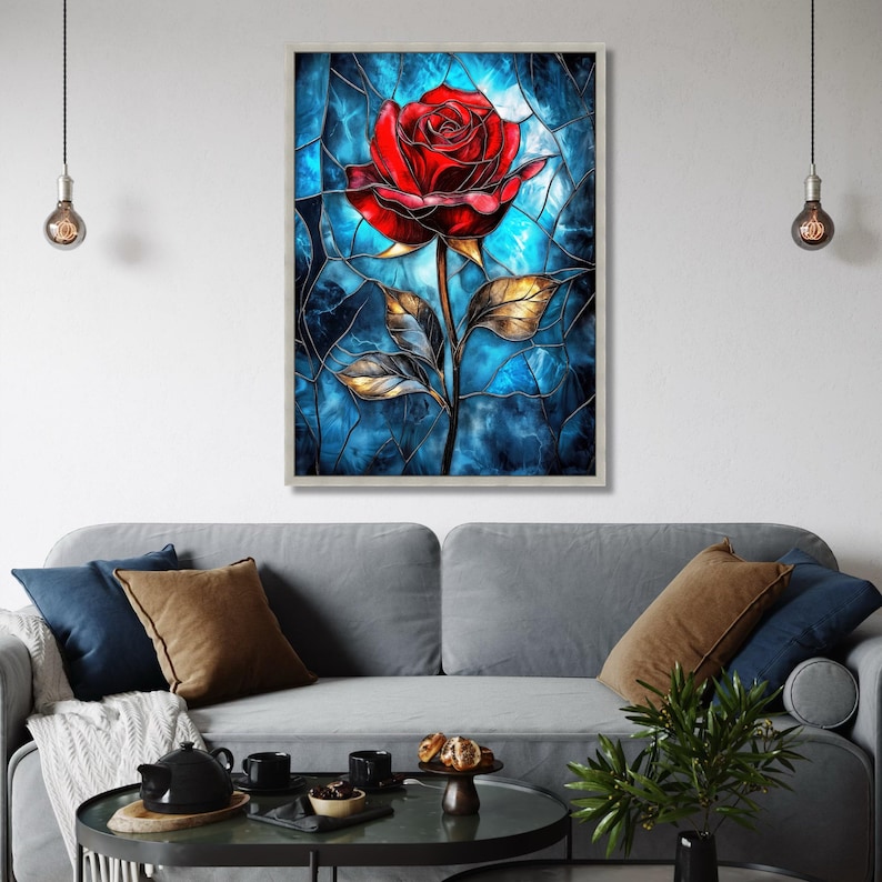 Vibrant Red Rose Canvas Wall Art, Stained Glass Flower Design, Floral ...