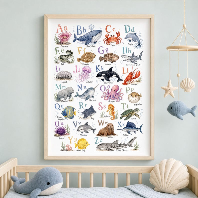 Ocean Animal Alphabet Poster, Watercolor Sea Creature ABC Nursery Wall ...