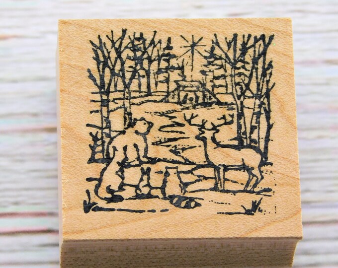 Nativity Scene Rubber Stamp - Woodland Manger - Christmas Stamp - Wood ...