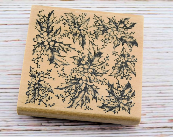 Holly Rubber Stamp - Holly Background Stamp - Christmas Holly - Wood ...