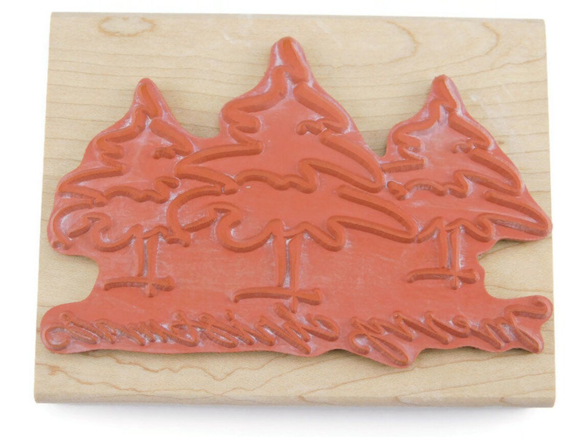Merry Christmas Stamp Pine Tree Stamp Wood Mount Stamp - Etsy