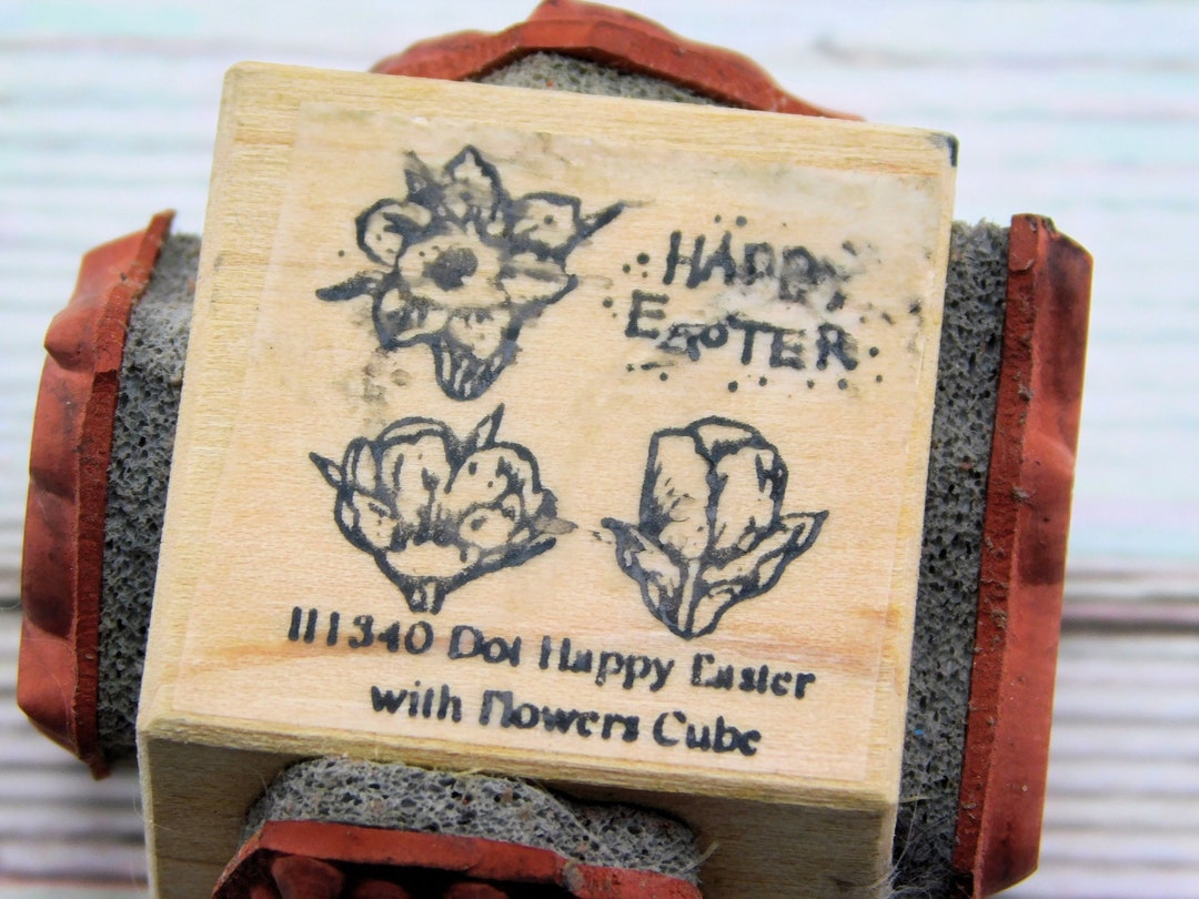 Easter Stamp Set Dot Happy Easter With Flowers Rubber Stamp Cube - Etsy