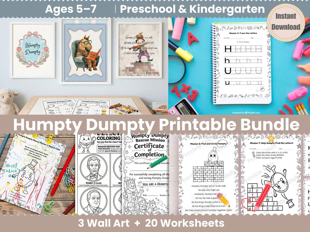 Humpty Dumpty Printable Bundle, Wall Art and 20 Worksheets, Preschool ...