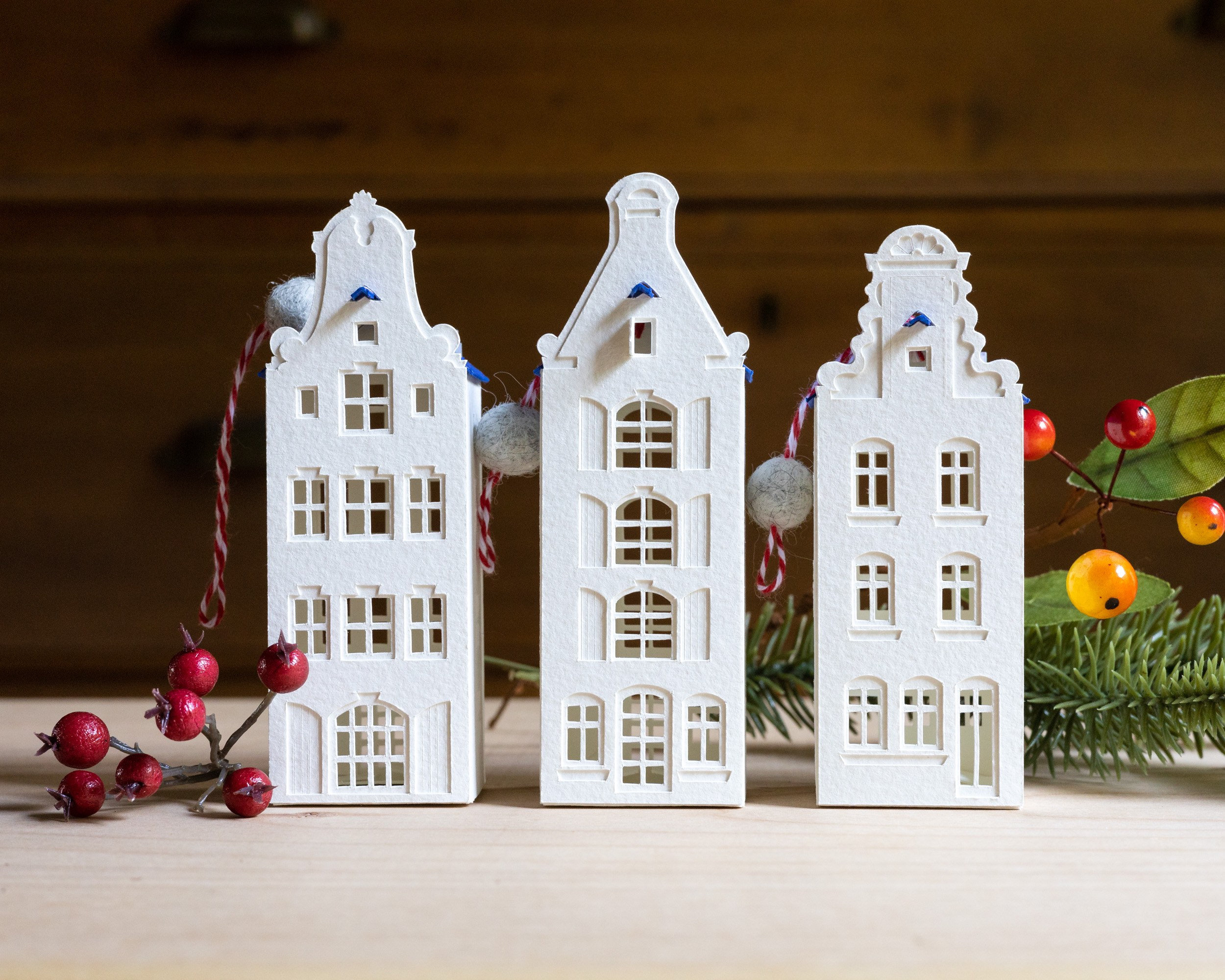 Set of 3 Christmas ornaments: Dutch canal house holiday decorations ...