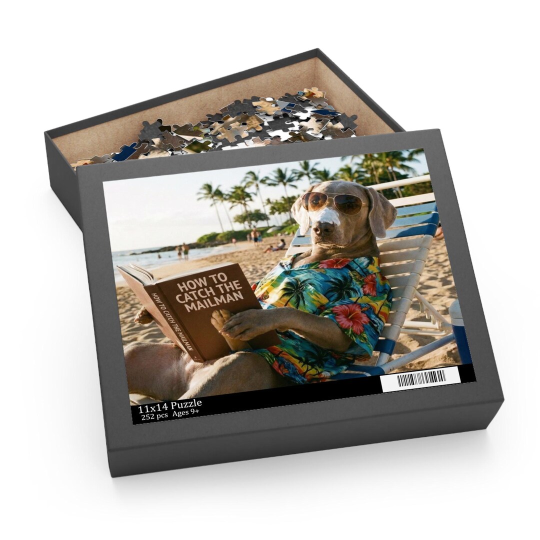 Weimaraner in Hawaiian Shirt Reading 'how to Catch the Mailman' Puzzle ...