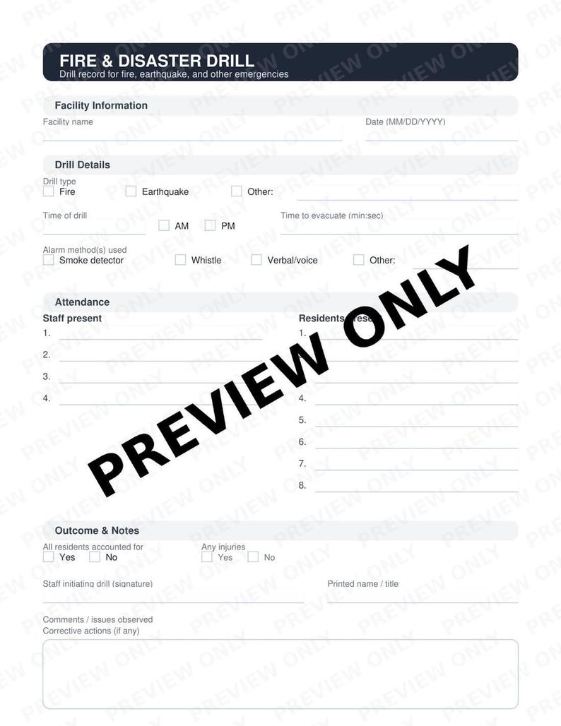 Fire and Disaster Drill Form (fillable PDF) | Emergency Drill ...
