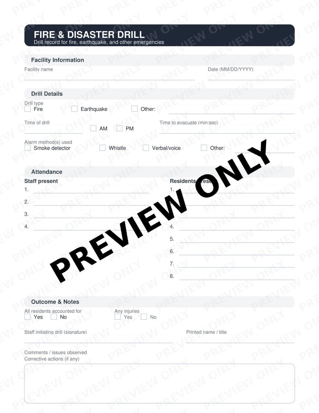 Fire and Disaster Drill Form (fillable PDF) | Emergency Drill ...