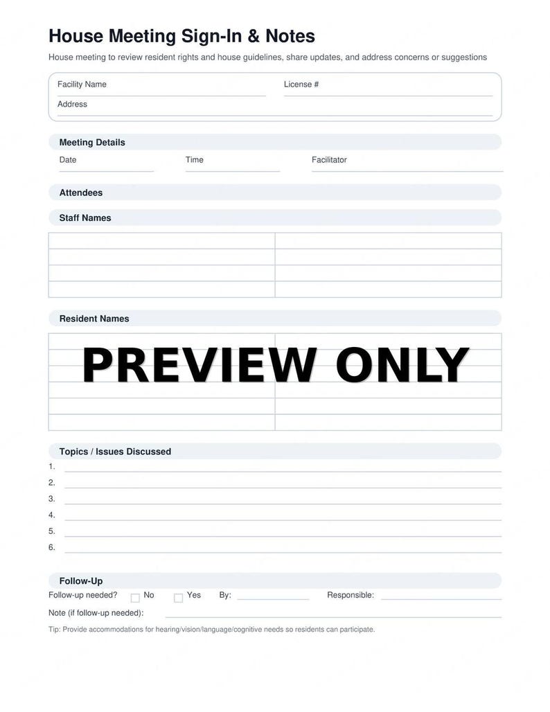 House Meeting Sign-in Sheet Printable | Community Meeting Form | Staff ...