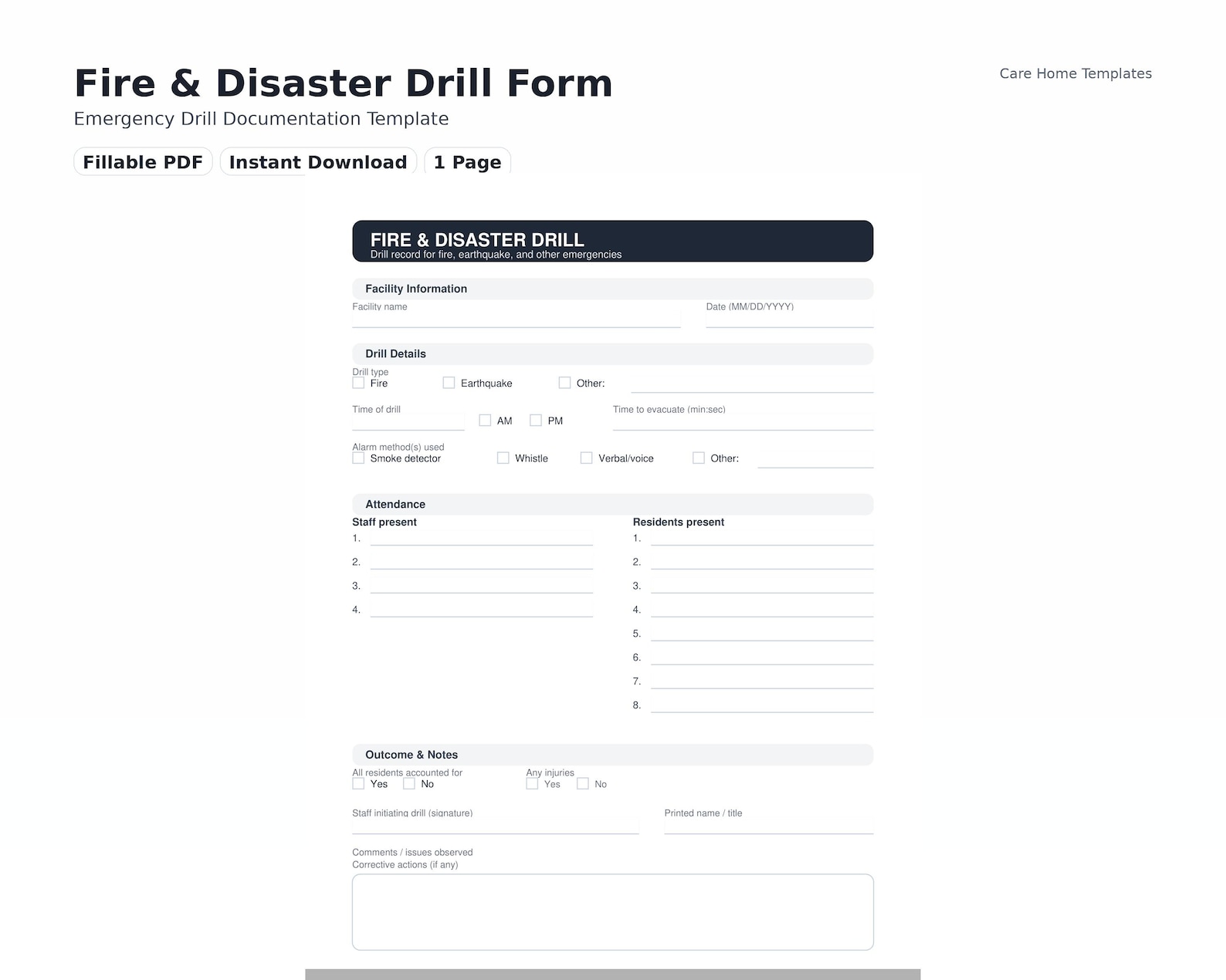 Fire and Disaster Drill Form (fillable PDF) | Emergency Drill ...
