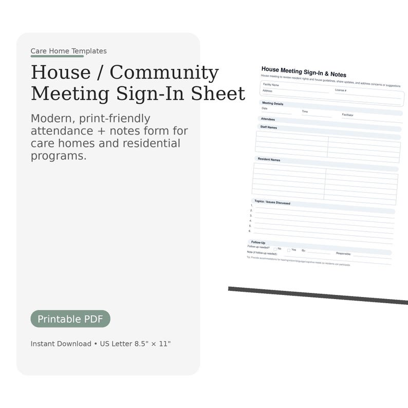 House Meeting Sign-in Sheet Printable | Community Meeting Form | Staff ...