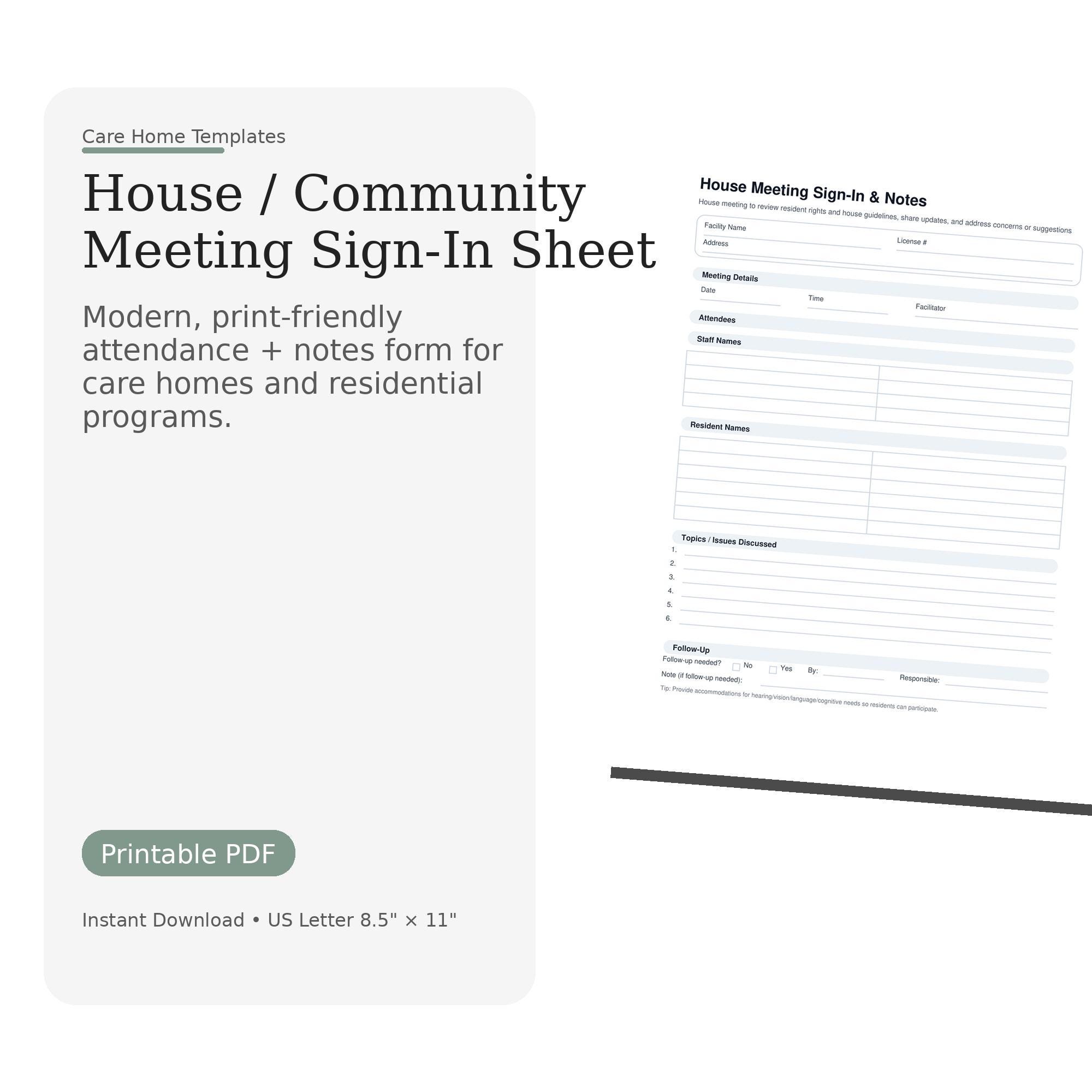House Meeting Sign-in Sheet Printable | Community Meeting Form | Staff ...