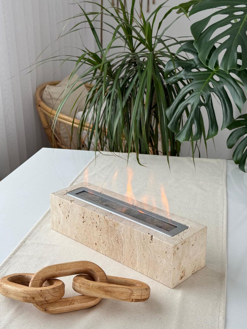 Travertine Tabletop Fireplace – Handmade Natural Stone Ethanol Fire ...