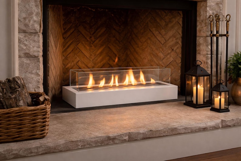 White Travertine Tabletop Fireplace, Modern Patio Fire Pit (70cm XL) - Etsy