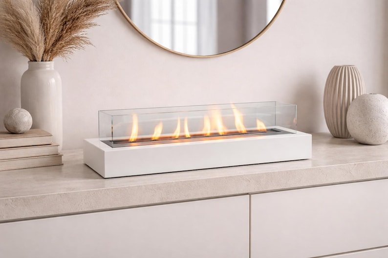 White Travertine Tabletop Fireplace, Modern Patio Fire Pit (70cm XL) - Etsy