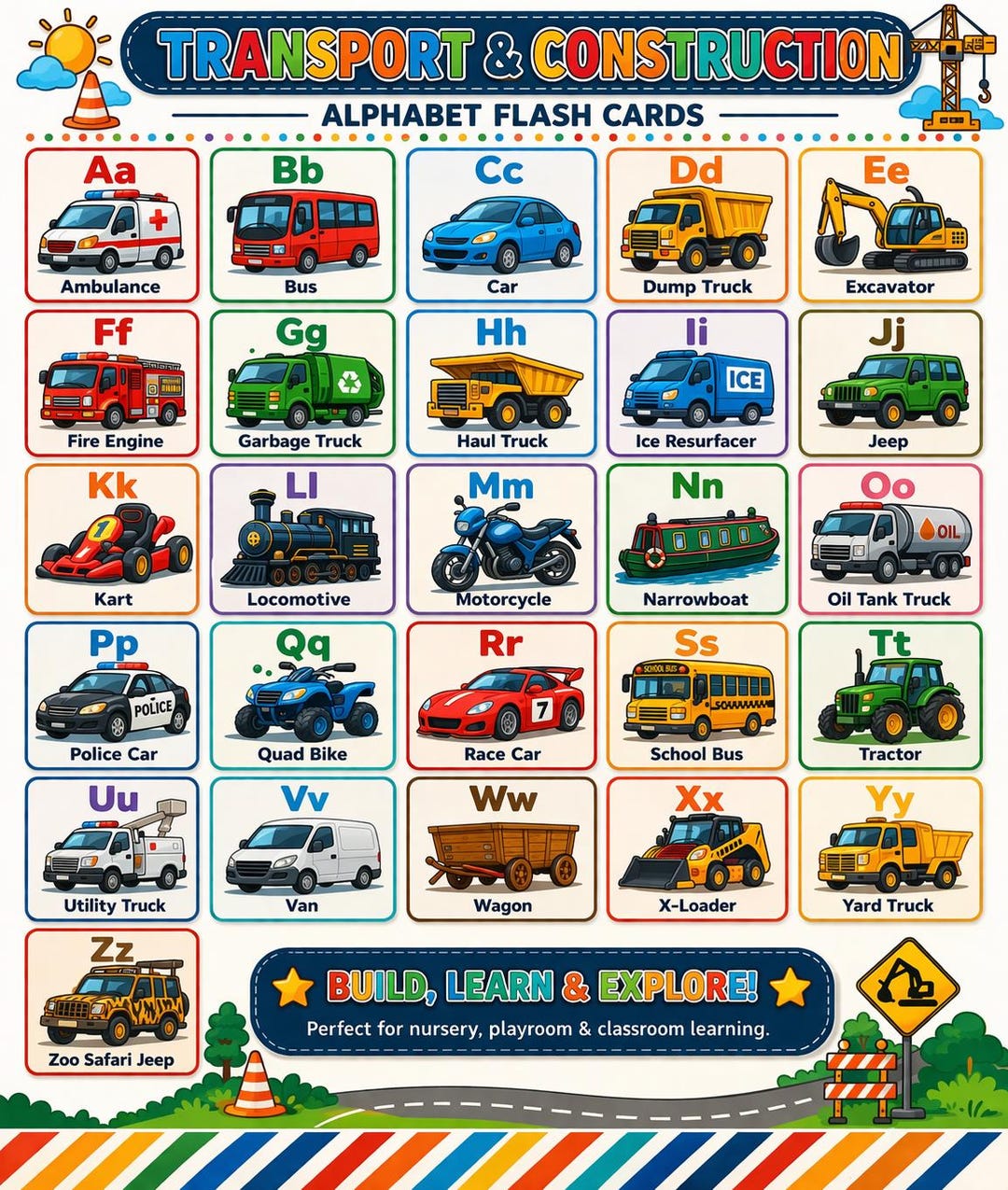 Transport Construction Alphabet Flash Cards, Vehicle ABC Toddler ...
