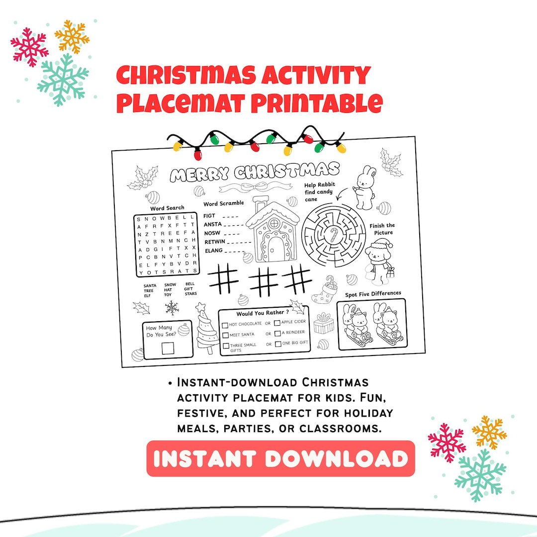 Christmas Activity Placemat Printable for Kids | Holiday Coloring ...