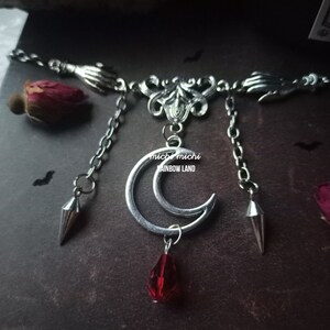Red Dark Witch Magical Necklace, Silver Filigree Moon Pendant, Baroque ...